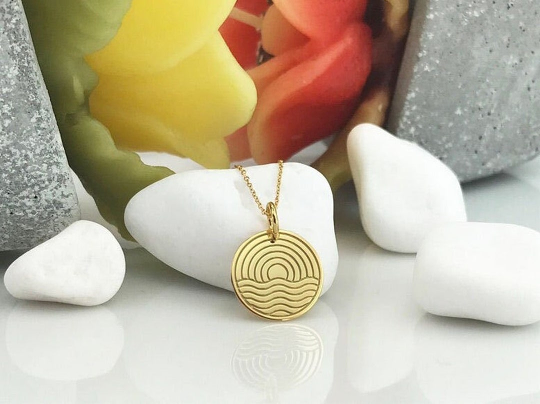 Real 14k Solid Gold Sunset Pendant, Personalized Gold Sun and Sea ...