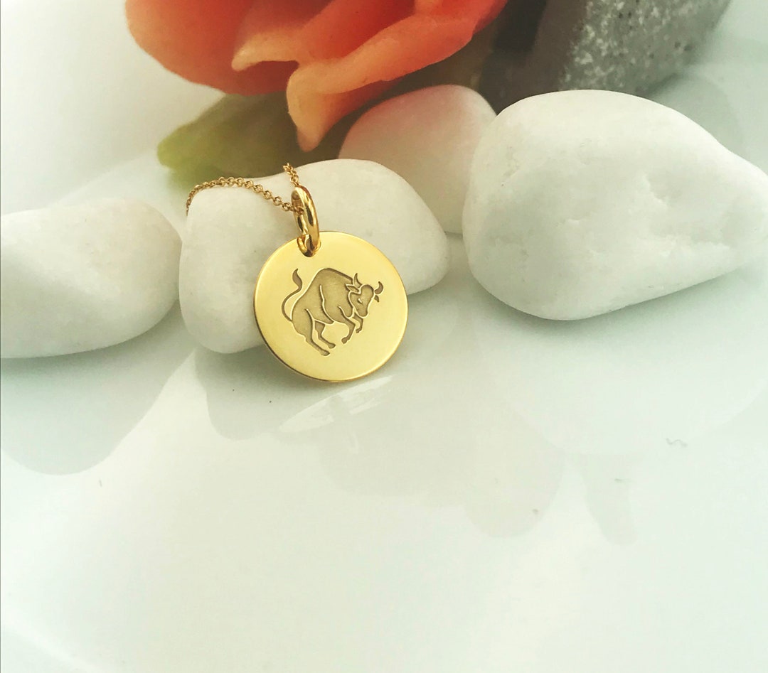 Real 14k Solid Gold Taurus Zodiac Necklace, Personalized Gold Taurus ...