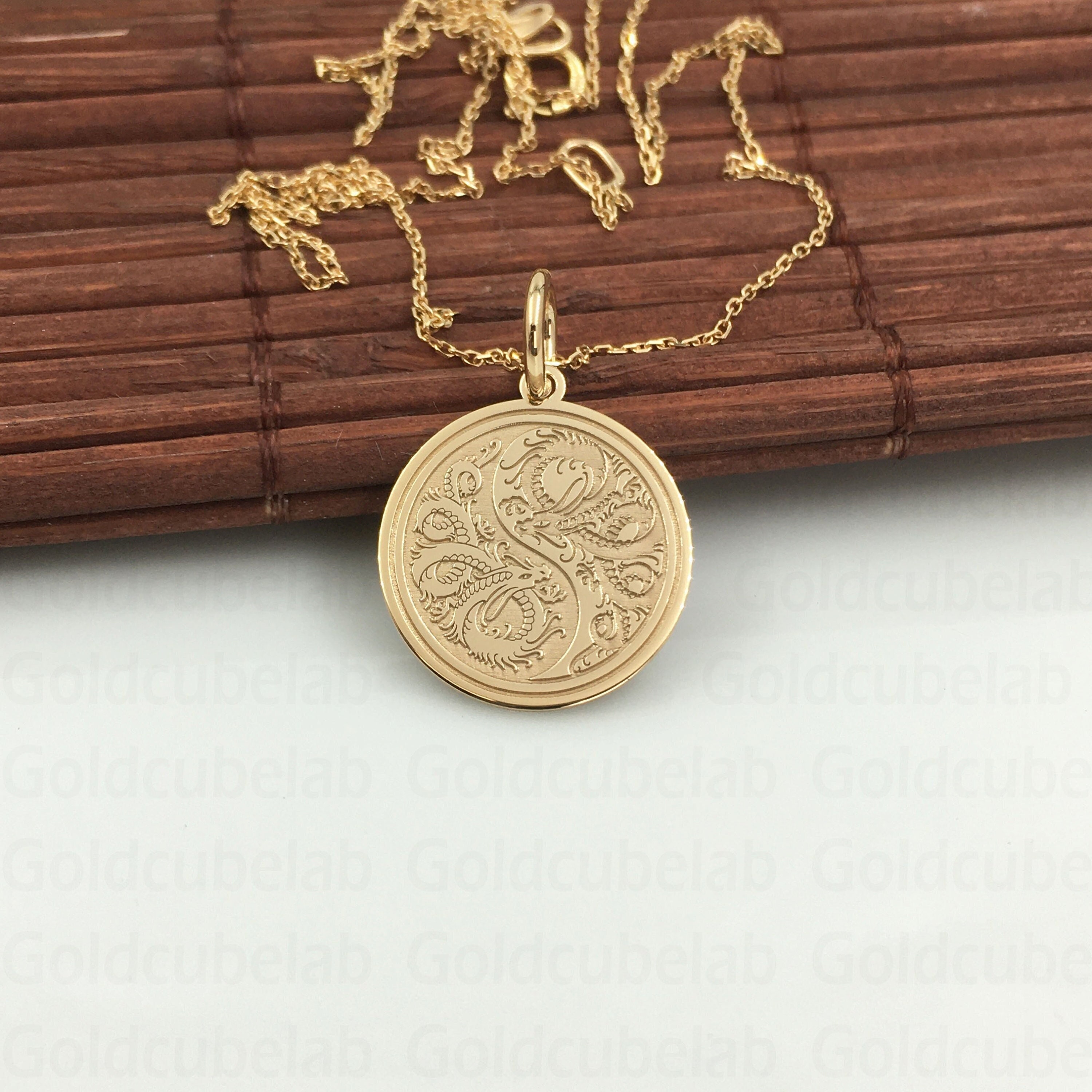 Real 14k Solid Gold Yin Yang Dragon Necklace, Personalized Ancient ...