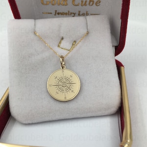 14k Solid Gold Compass Necklace, Personalized Nautical Pendant, Dainty ...