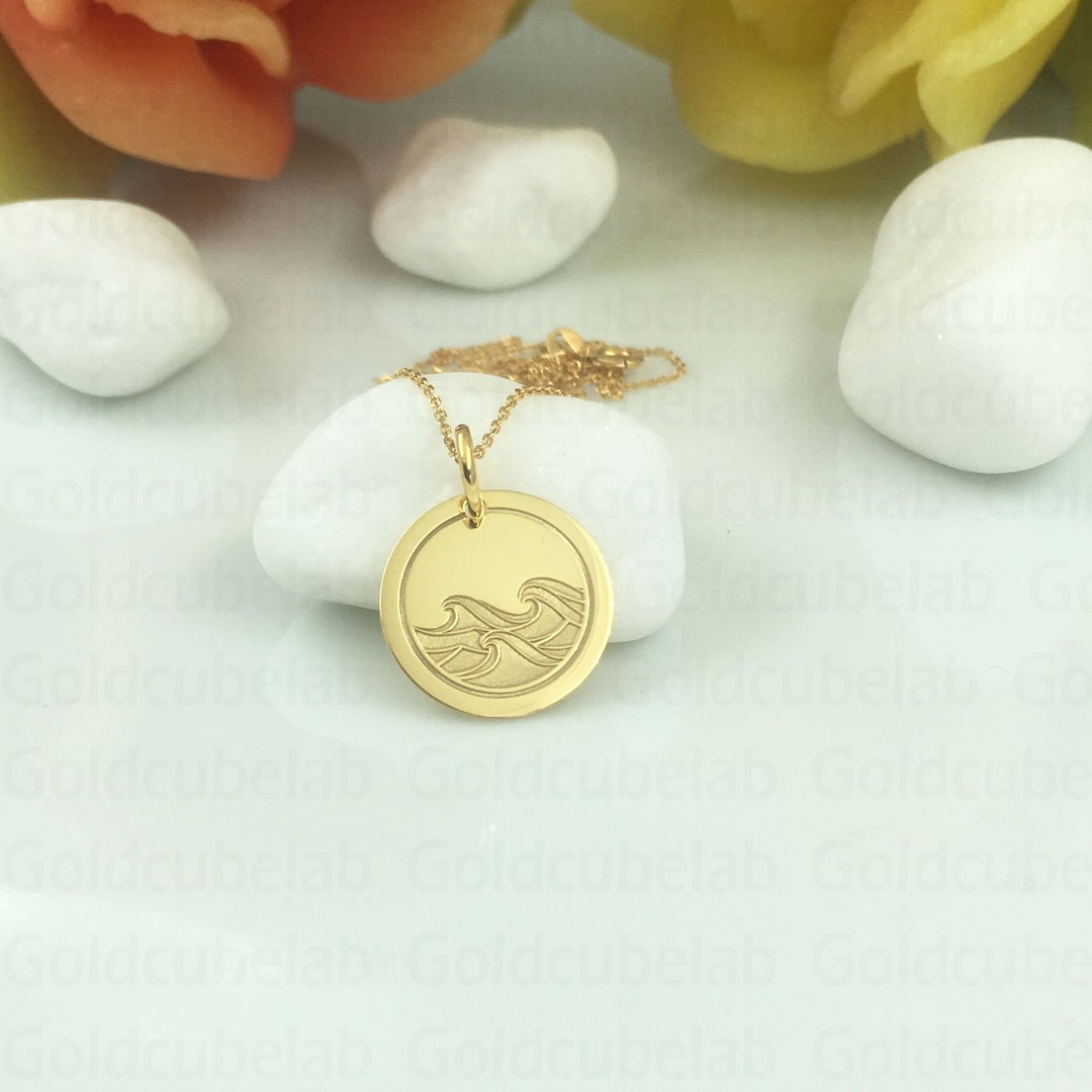 Real 14k Solid Gold Wave Necklace, Personalized Wave Pendant, Ocean ...