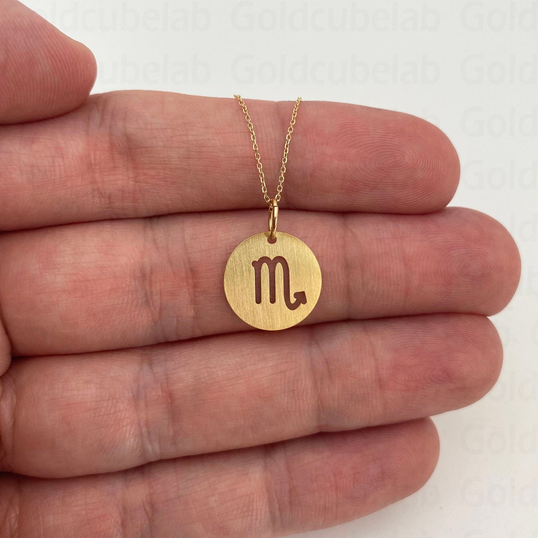 Real 14k Solid Gold Scorpio Zodiac Necklace, Personalized Brushed ...
