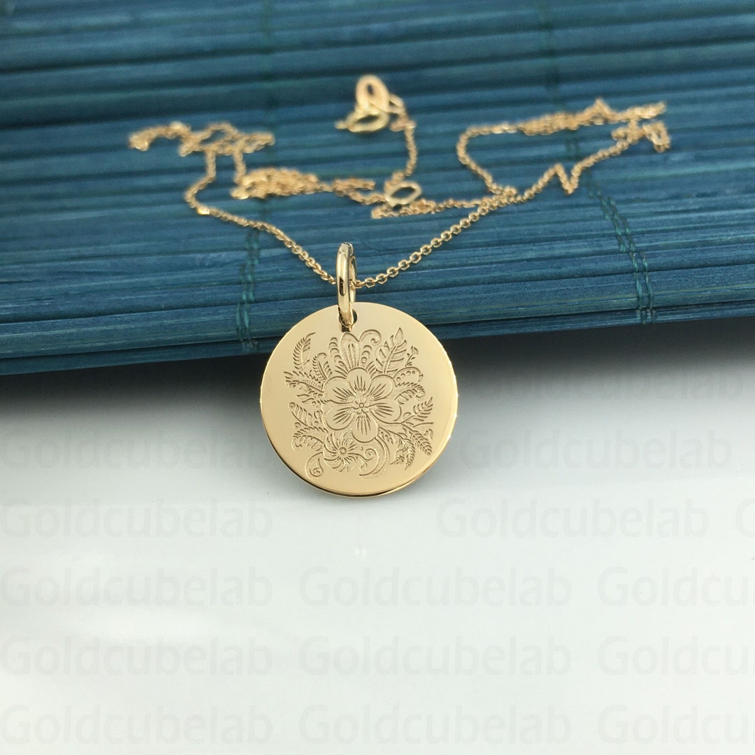 Real 14k Solid Gold Flower Necklace, Personalized Flower Pendant ...