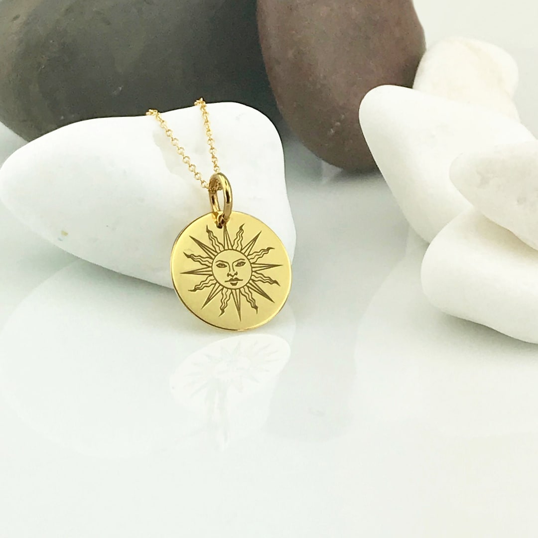 Real 14k Solid Gold Sun Necklace, Personalized Gold Sun Pendant ...