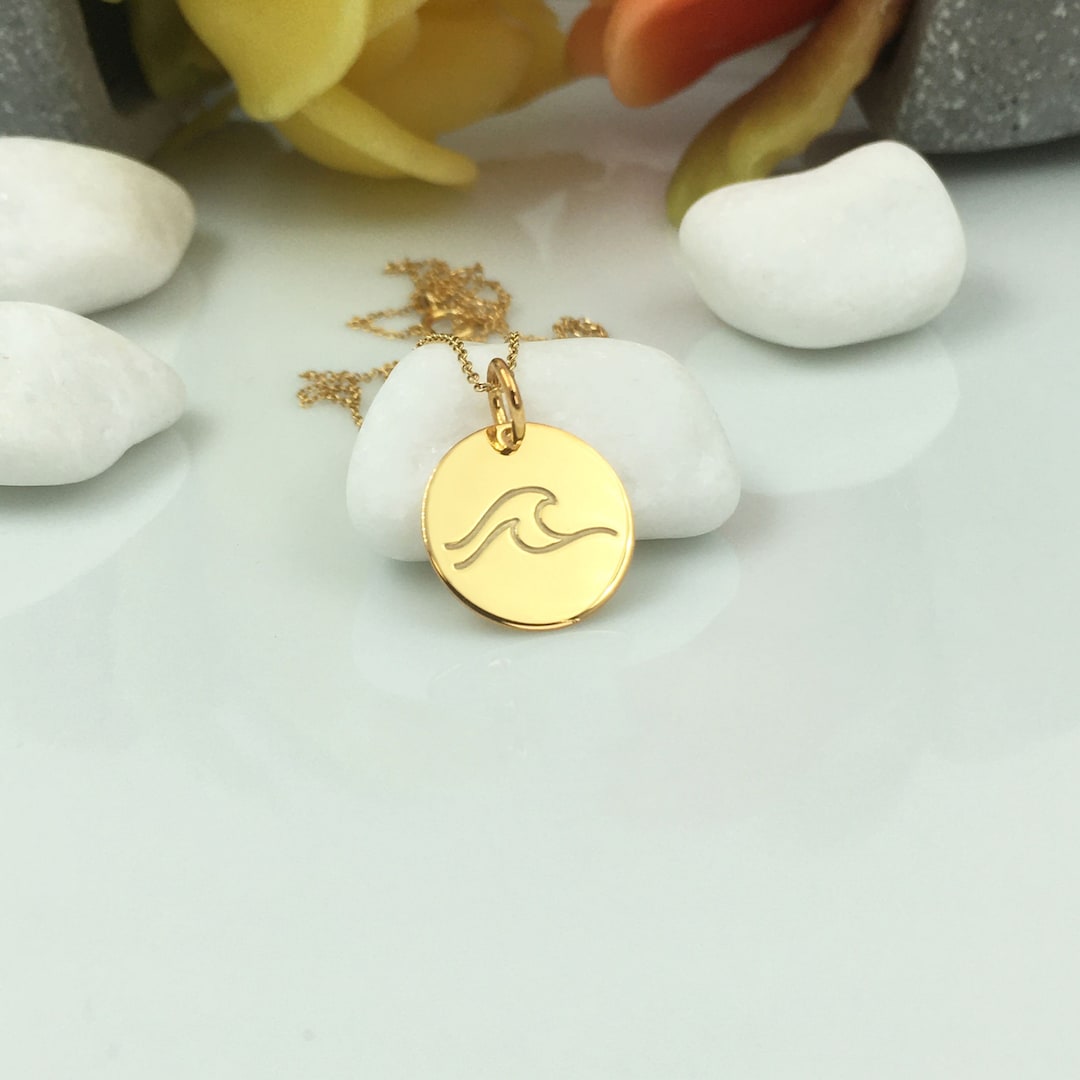 Real 14k Solid Gold Wave Necklace, Personalized Wave Pendant, Charm ...