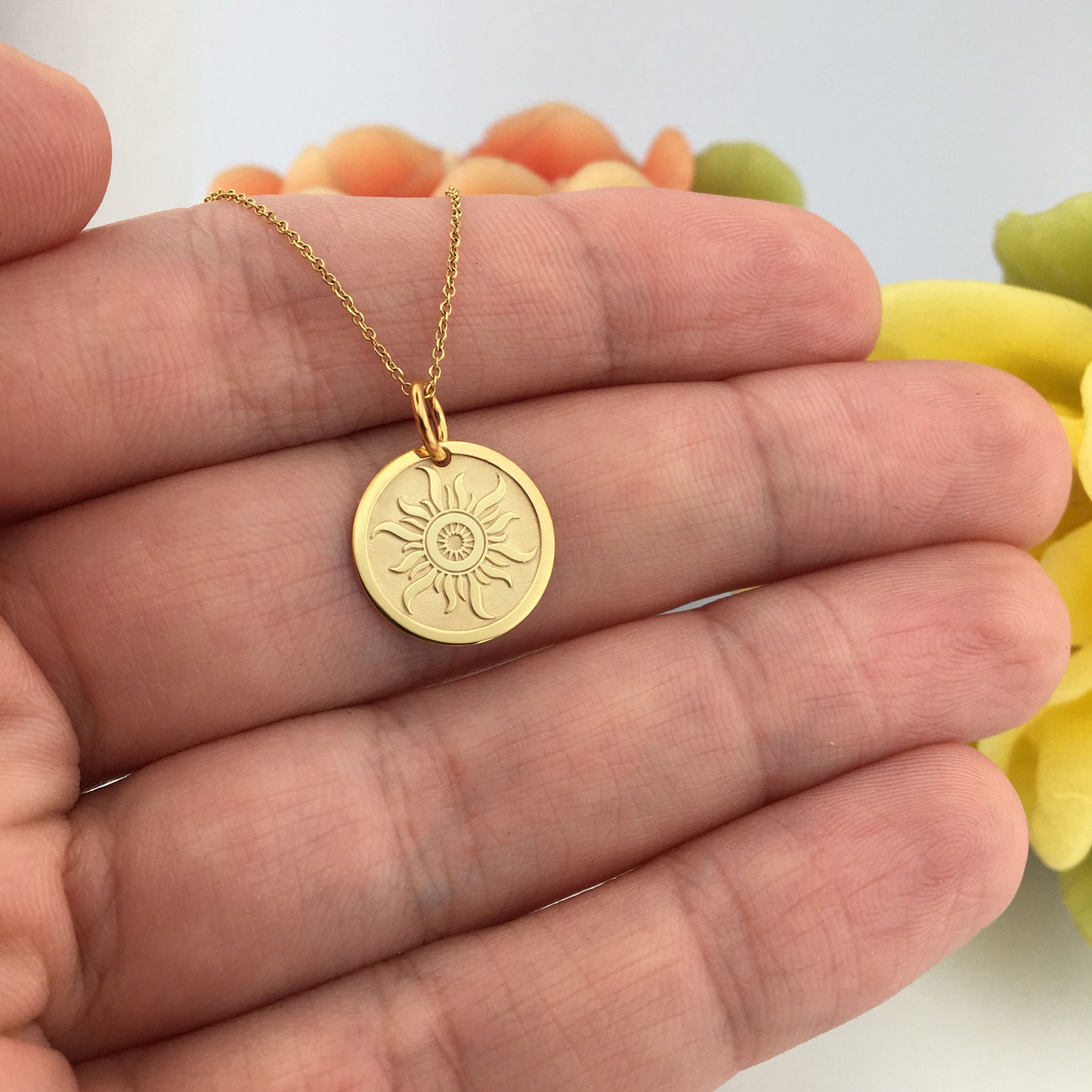 Real 14k Solid Gold Sun Necklace, Personalized Sun Pendant, Dainty Sun ...