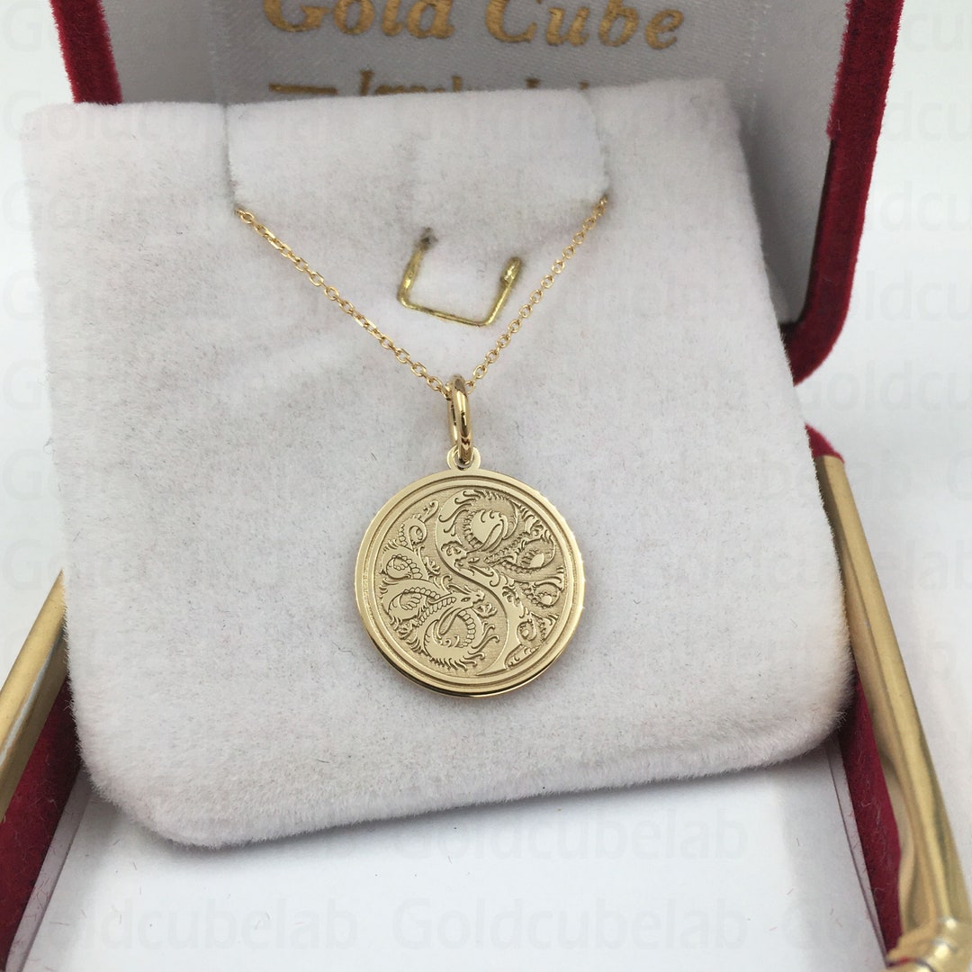 Real 14k Solid Gold Yin Yang Dragon Necklace, Personalized Ancient ...