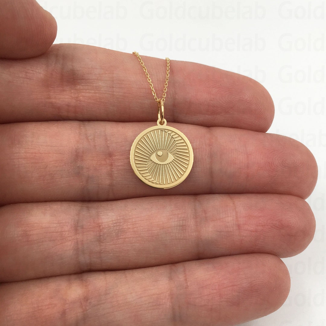 14K Solid Gold Evil Eye Necklace, Gold Mobius Eye Coin Pendant, Good ...