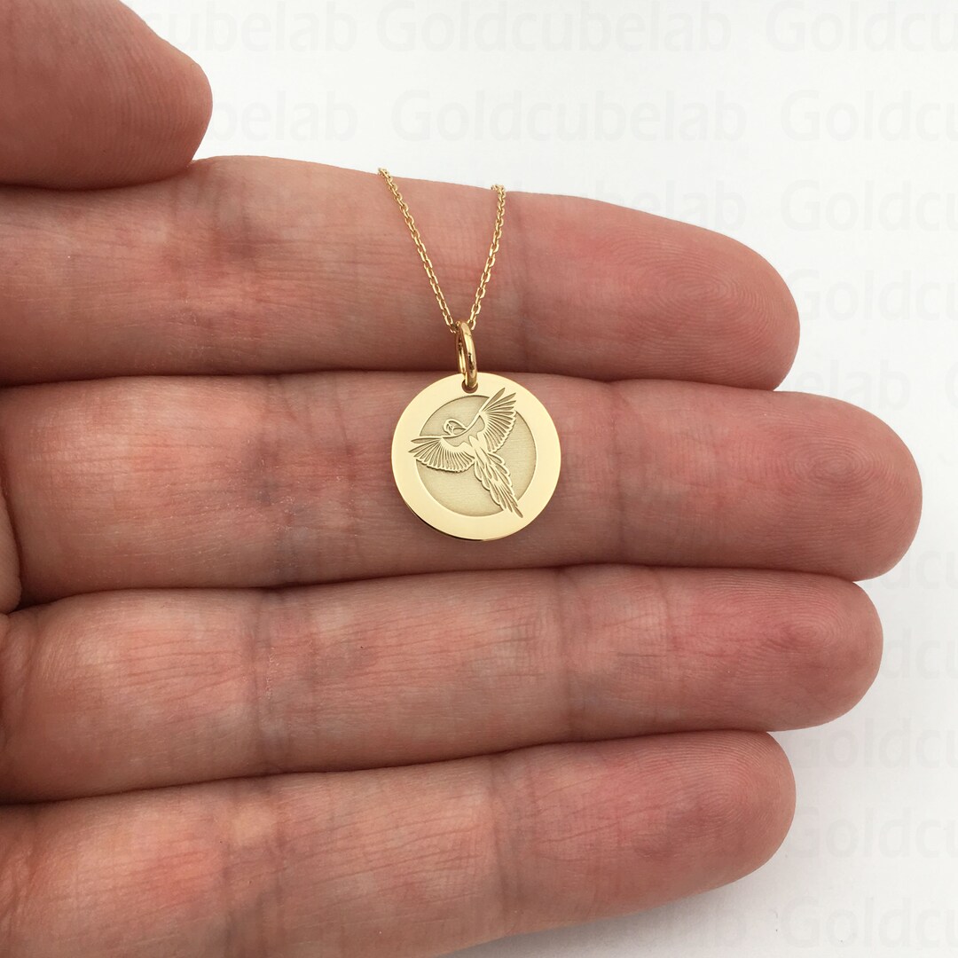 14K Solid Gold Parrot Necklace, Gold Coin Animal Pendant, Personalized ...