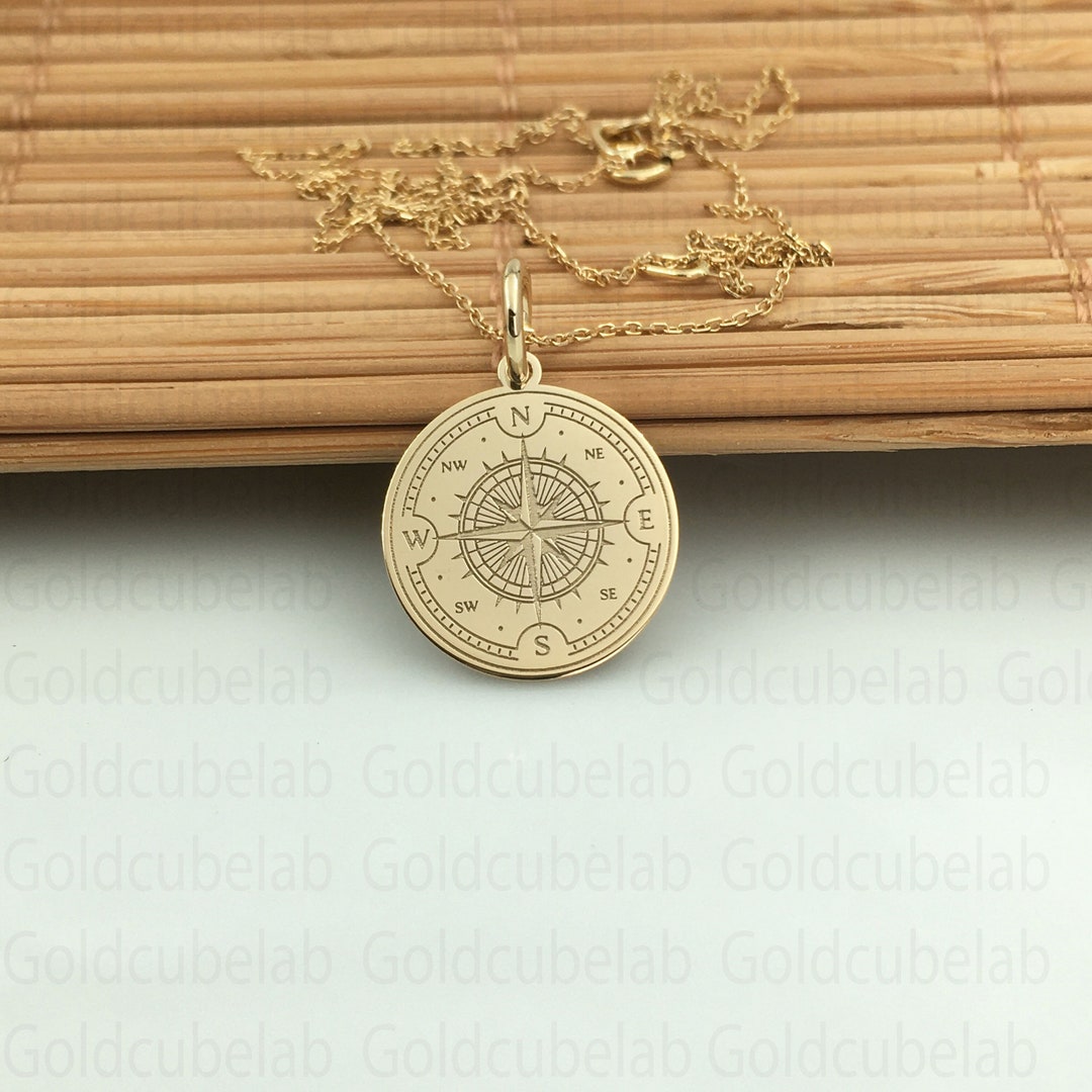 Real 14k Solid Gold Compass Necklace, Navigation Compass, Personalized ...