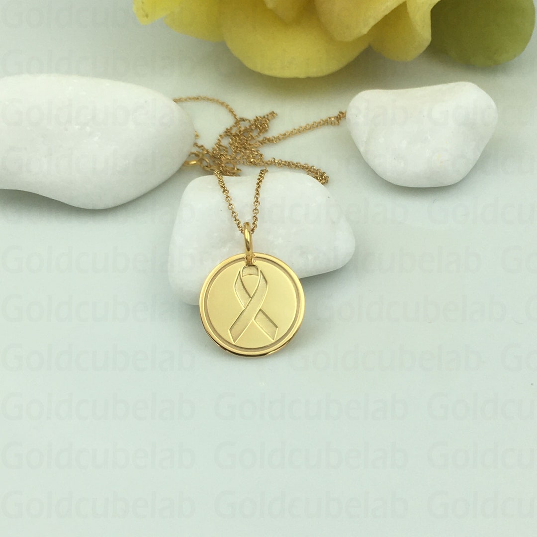 Real 14k Solid Gold Awareness Ribbon Necklace, Personalized Cancer ...
