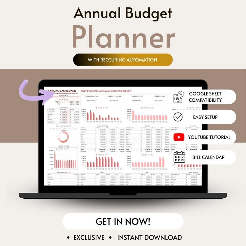 Annual Budget Finance Planner Money Management Budget Sheet Spending ...