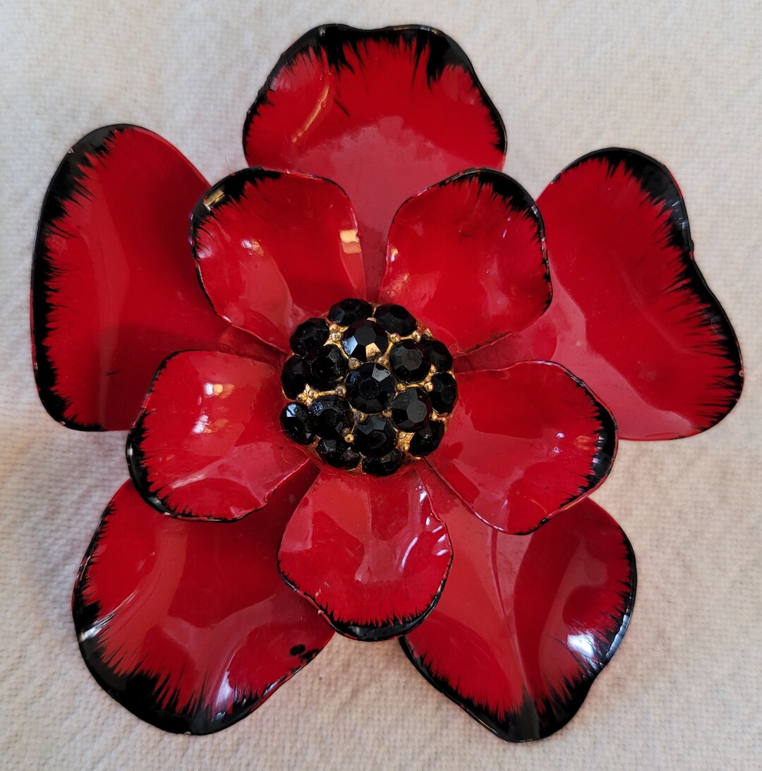 Red Enamel Poppy Flower Brooch - Etsy