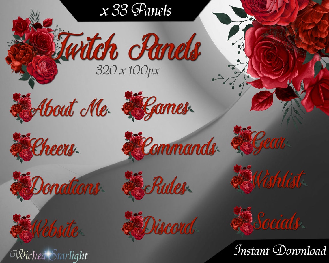 Red Rose PANEL SET 33 Twitch Streamer Panels Red Floral Gaming Girly ...