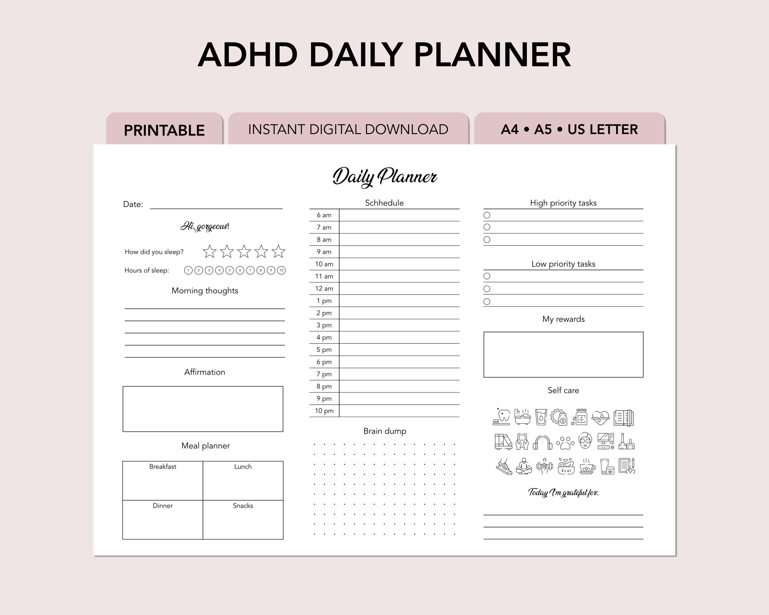 ADHD Daily Planner for Adults Printable Black and White PDF - Etsy