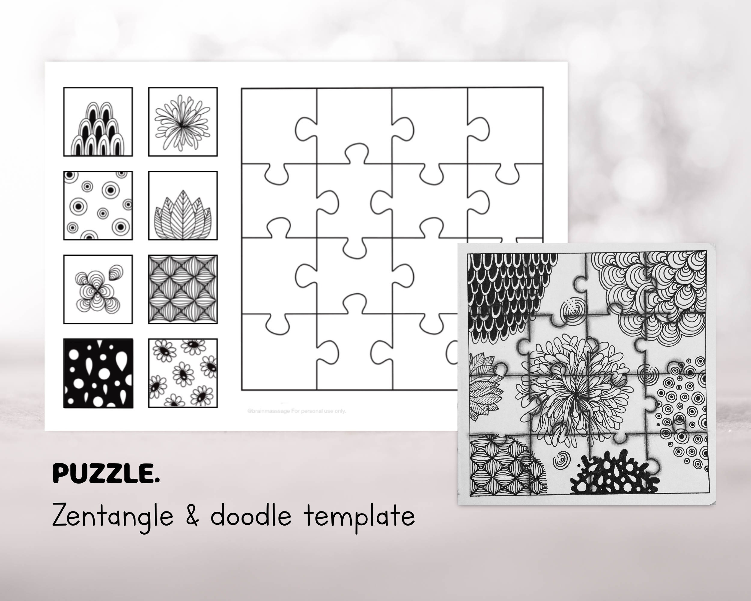 Puzzle. Zentangle and Doodles Printable Drawing Template, Line Art and ...