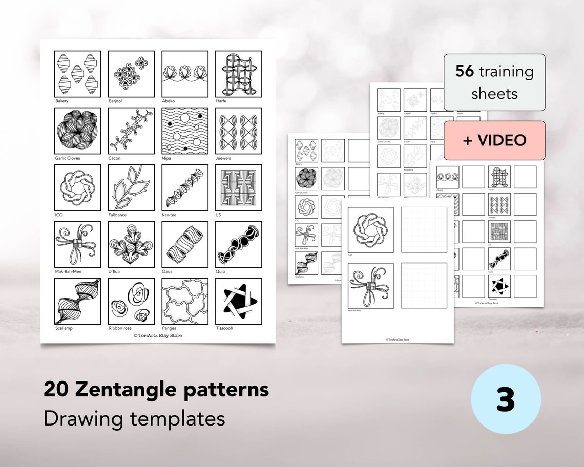 20 Zentangle Drawing Templates With Video Support, 56 Training Sheets ...