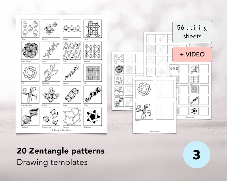 20 Zentangle Drawing Templates With Video Support, 56 Training Sheets ...