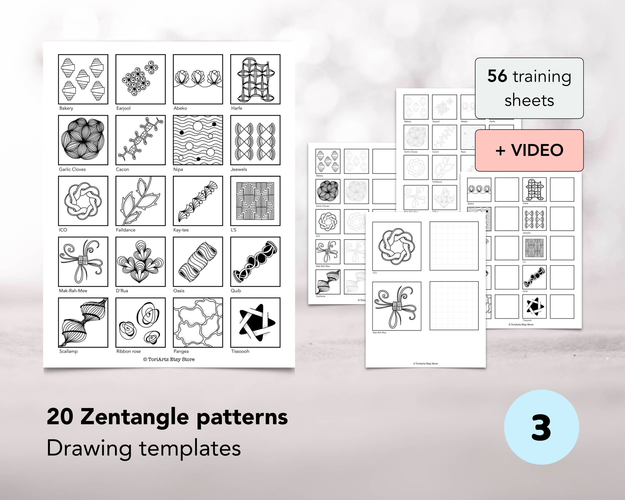 20 Zentangle Drawing Templates With Video Support, 56 Training Sheets ...
