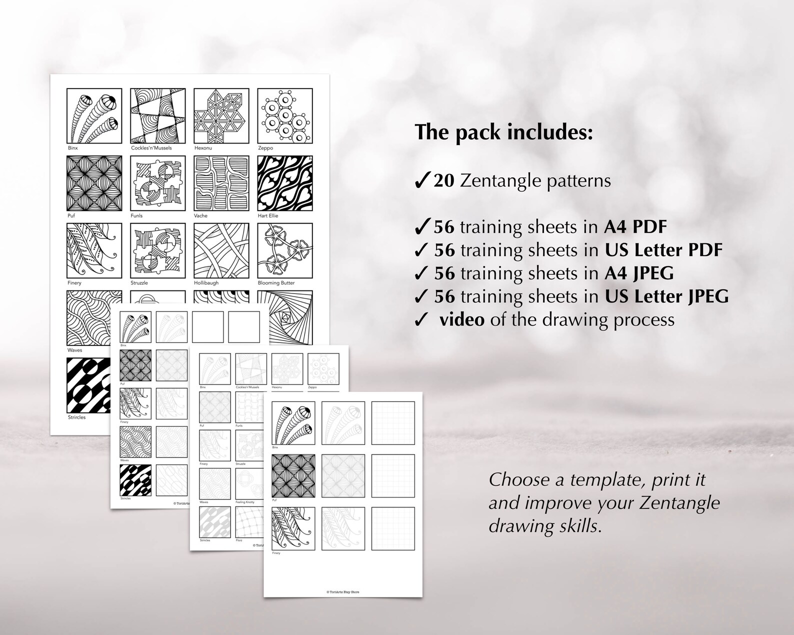 Zentangle Drawing Templates, 56 Training Sheets for Learning 20 ...