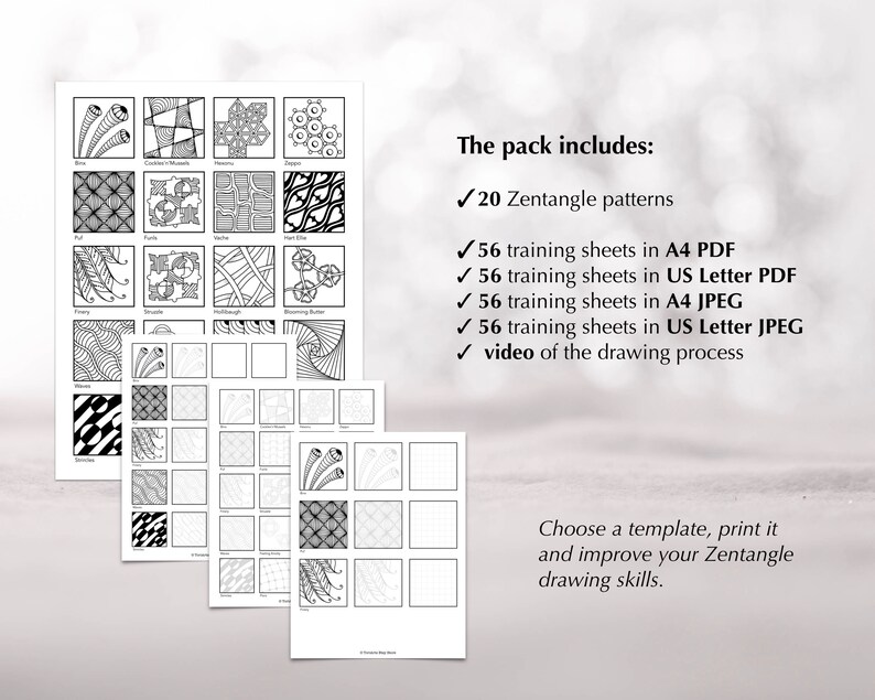 Zentangle Drawing Templates, 56 Training Sheets for Learning 20 ...