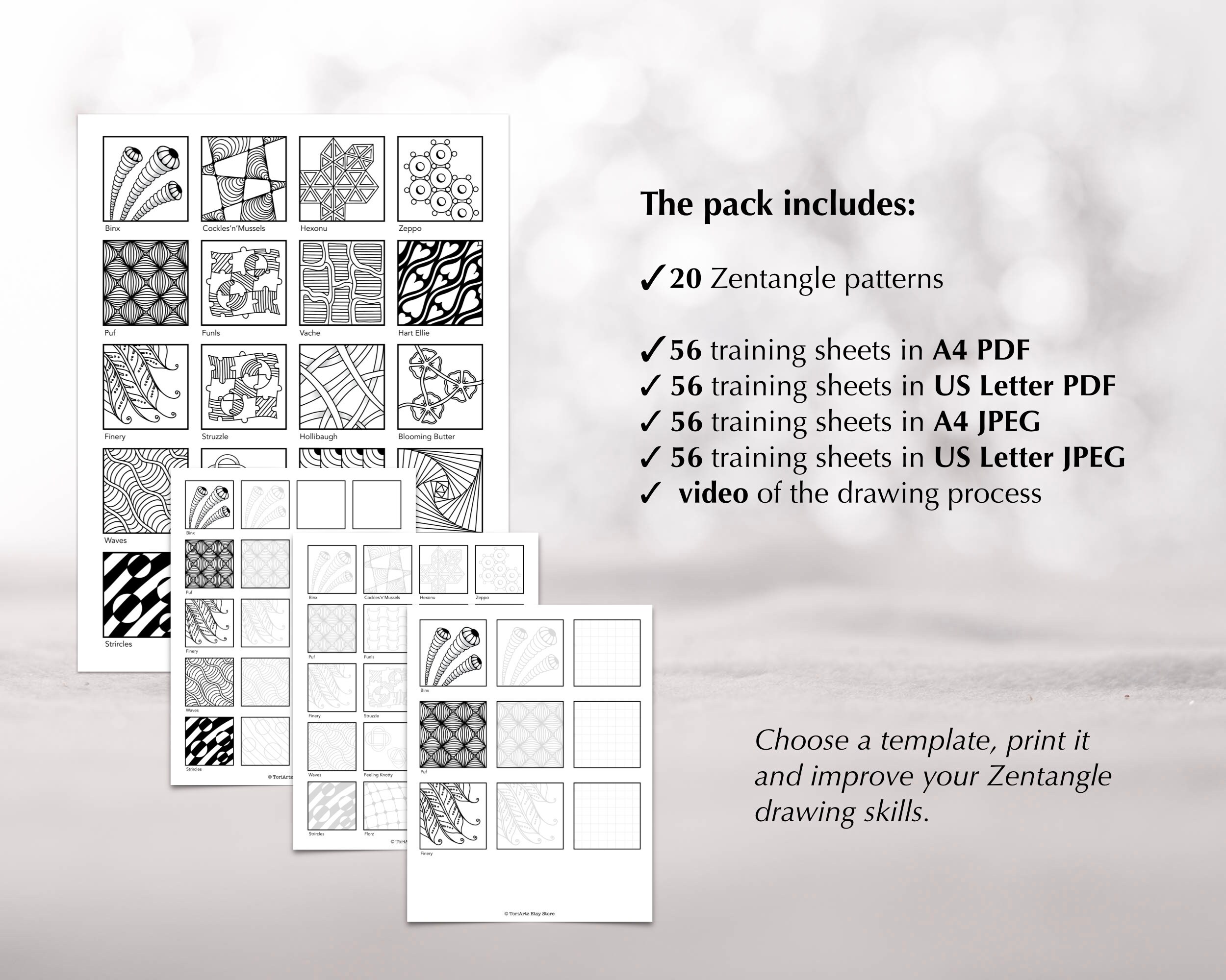 Zentangle Drawing Templates, 56 Training Sheets for Learning 20 ...