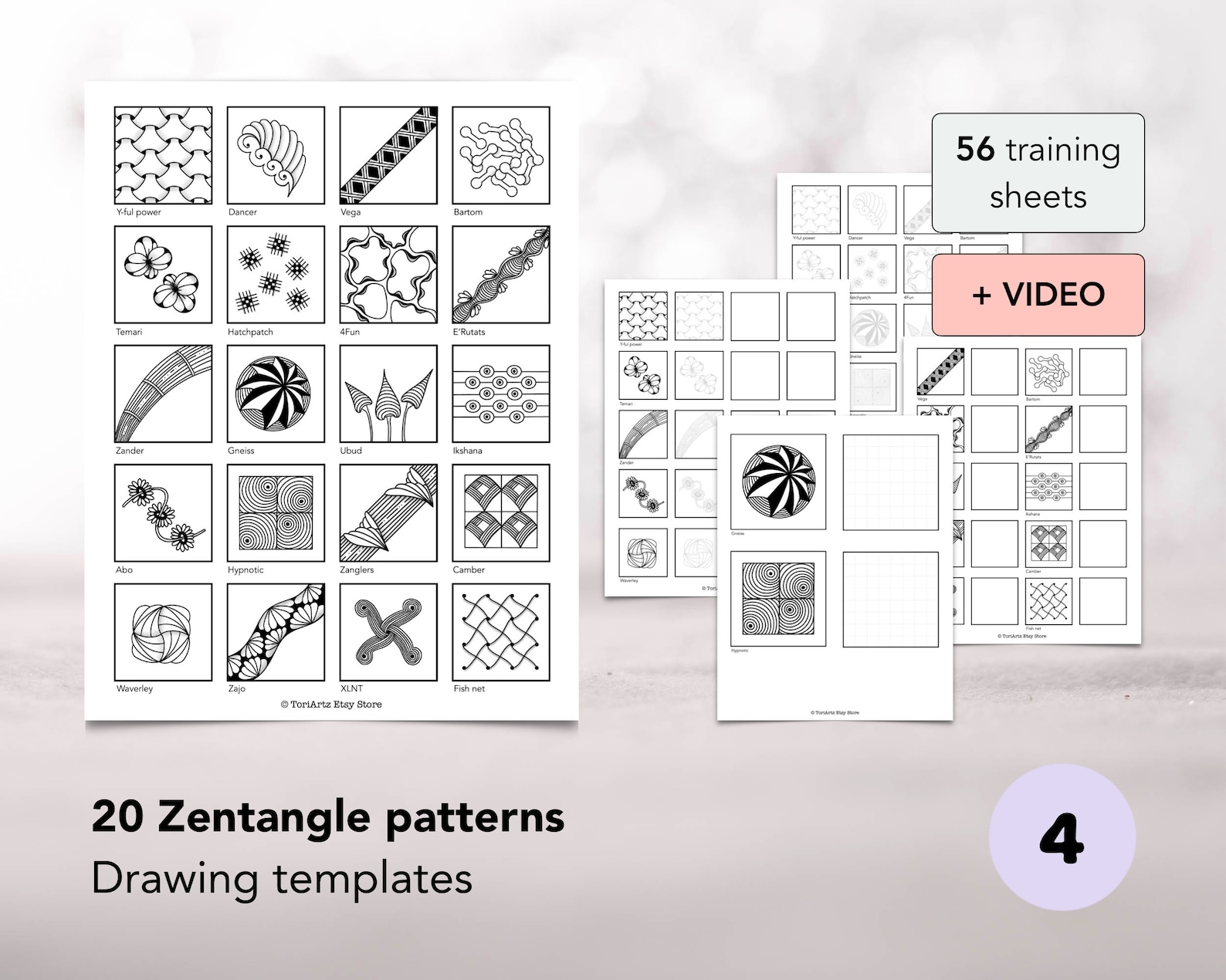 20 Zentangle Drawing Templates With Video Support, 56 Training Sheets ...