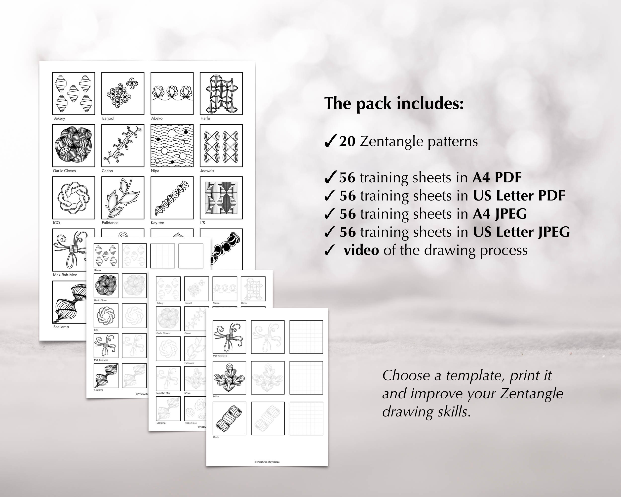 20 Zentangle Drawing Templates With Video Support, 56 Training Sheets ...