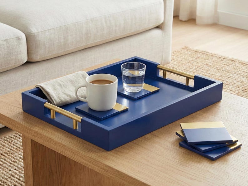 Wooden Serving Tray Navy & Gold Set: With 4 Matching Coasters - Etsy