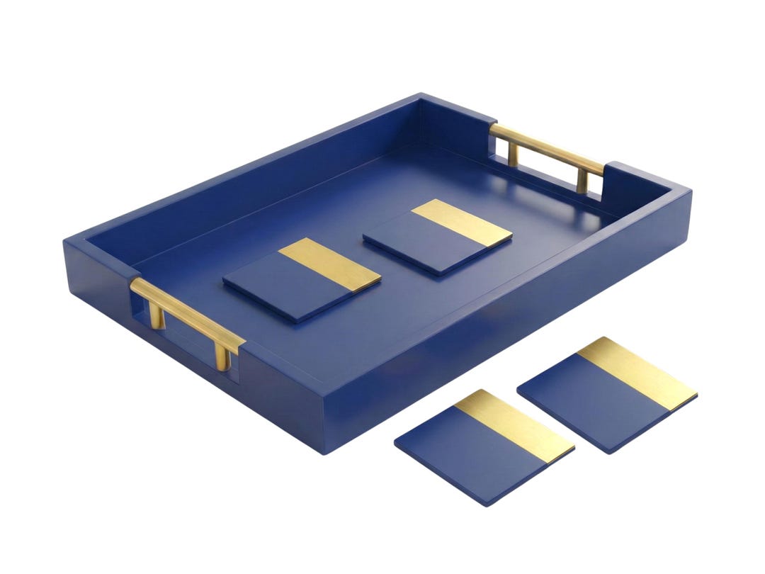 Wooden Serving Tray Navy & Gold Set: With 4 Matching Coasters - Etsy