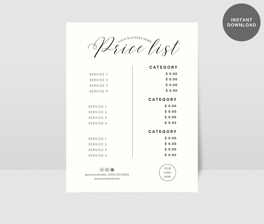 Printable Price List Price List Template Sign for Small - Etsy Canada