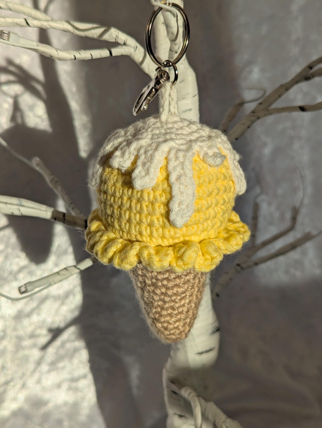Ice Cream Cone Keyring, Yellow Ice Cream Cute Keyring, Crocheted Food ...