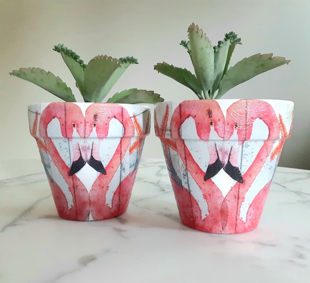 Set of 2-flamingo Decoupaged Clay Pots-4.5 Inch, Flamingo Gifts ...