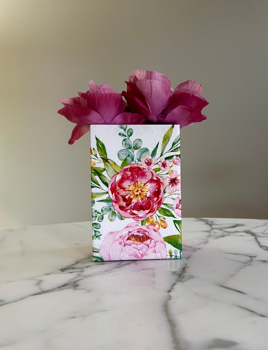 Flower Vase, Peony Flowers, Glass Vase, Decoupage Vase, Floral Vase ...
