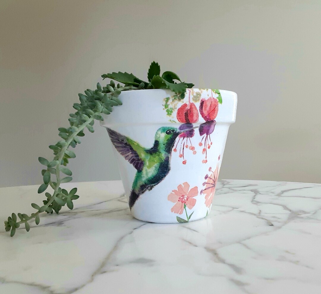 Hummingbird Flower Pot: Decoupage Honeysuckle Planter (6-inch) - Etsy