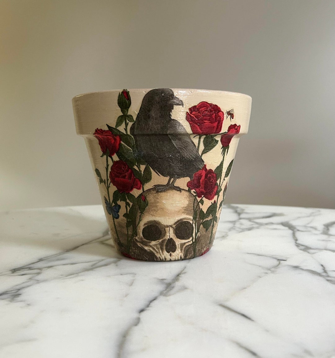 Decoupage Skull Plant Pot: Crow and Roses, Halloween Decor - Etsy