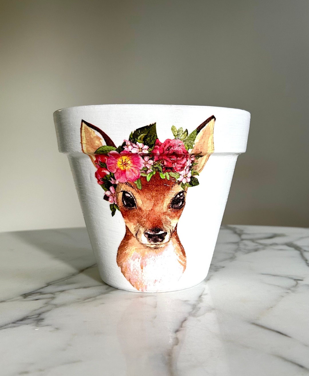 Fawn Flower Clay Pot: Decoupage Animal Planter, Nursery Decor (6-inch ...