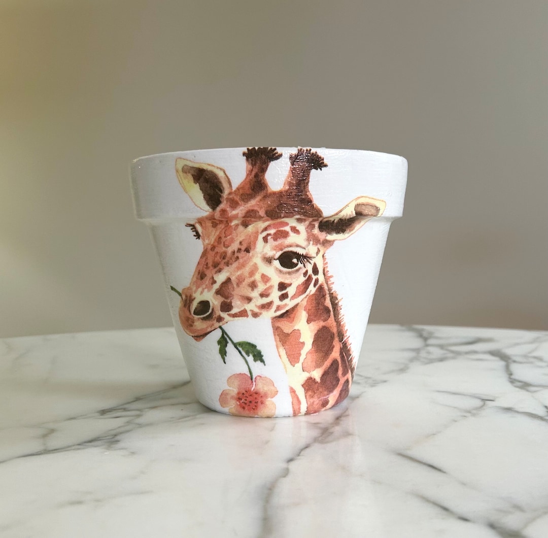 Decoupage Giraffe Flower Pot: Clay Indoor Planter, Jungle Planters ...