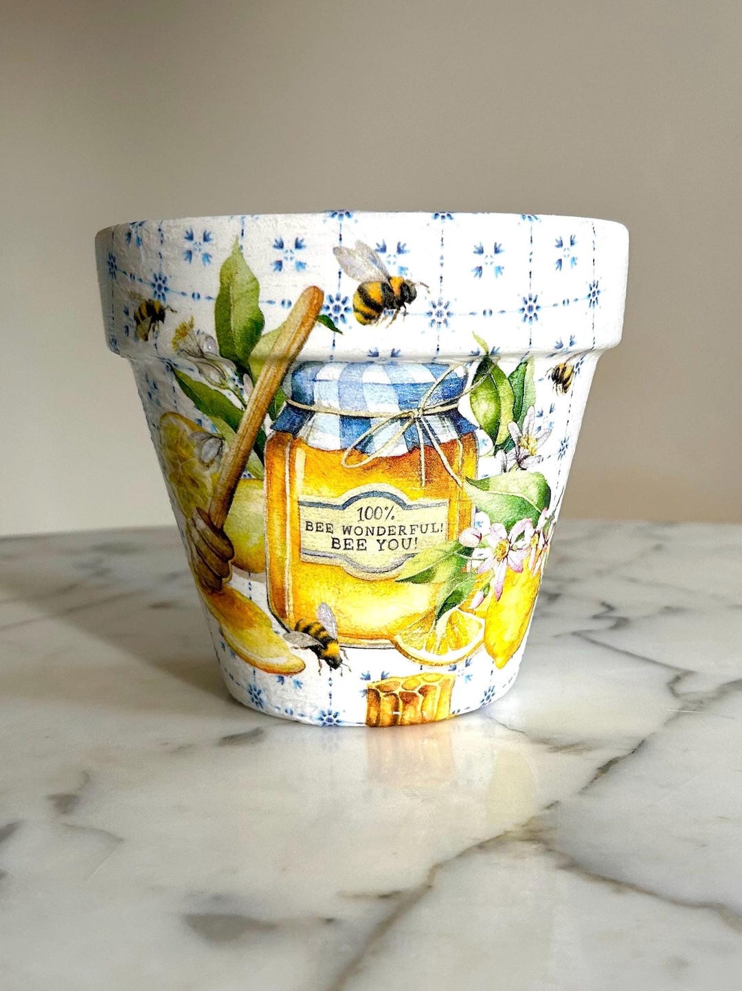 Honey Planter, Lemon Clay Pot, Decoupage Pot, Indoor Plant, Honey Gift ...