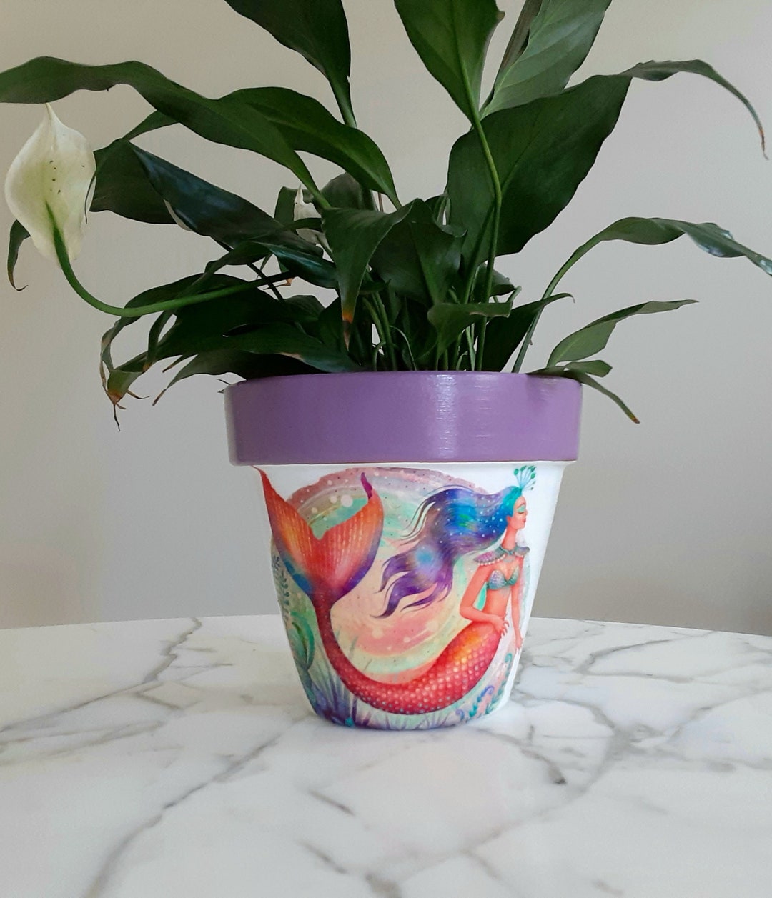 Mermaid Plant Pot: 6-inch Decoupage Clay Planter, Whimsical Ocean Decor ...