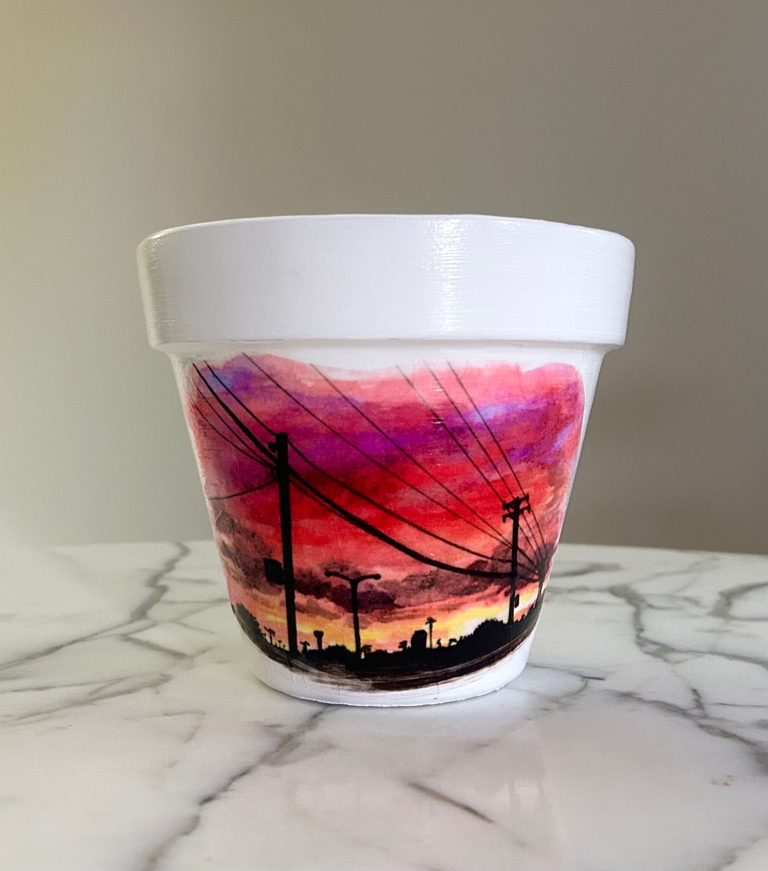 Decoupage Sunset Clay Planter: City Silhouette Art - Etsy