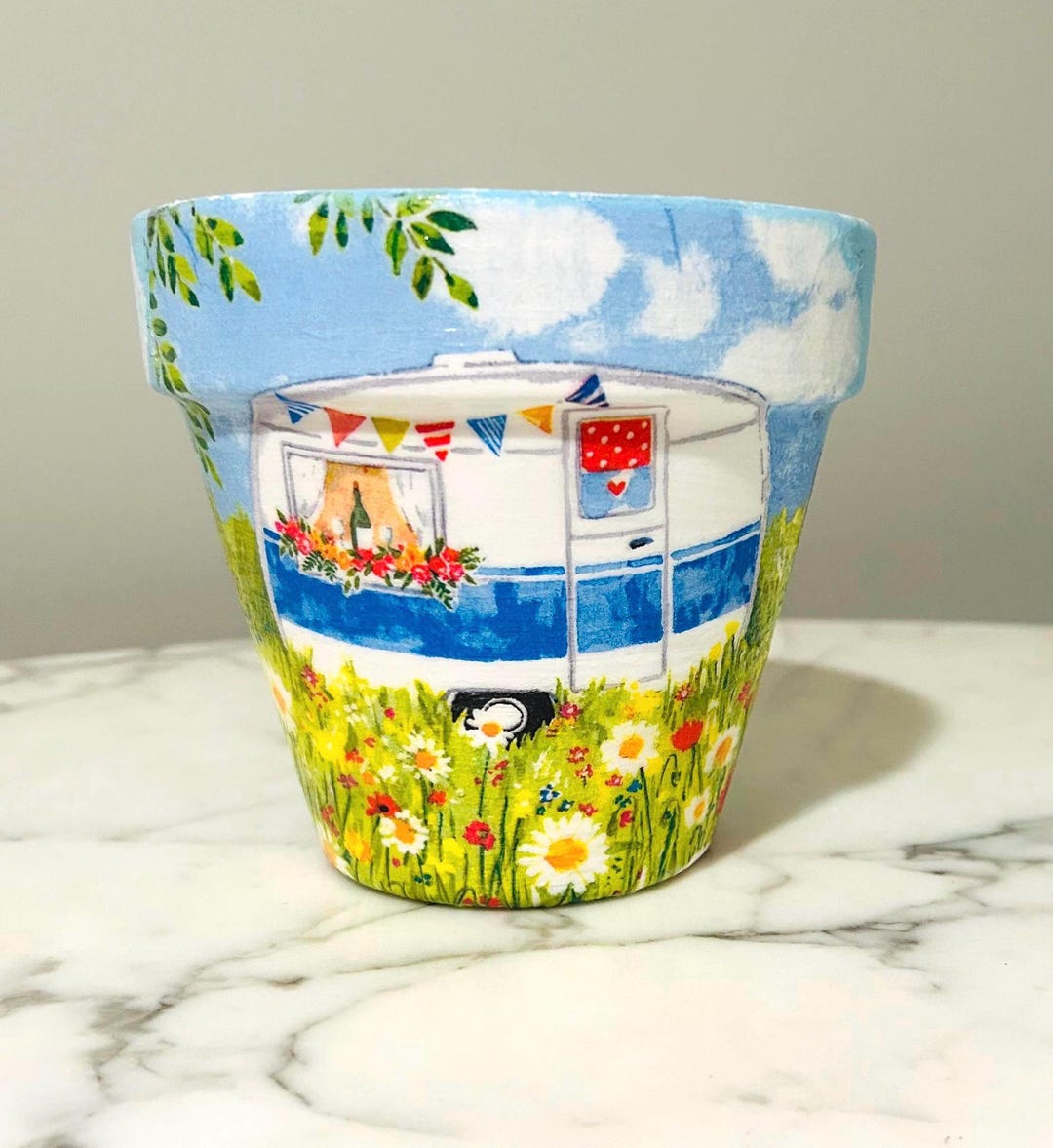 Camper Flower Pot, Decoupage Clay Planter, Camping Gifts, Plant Pots ...