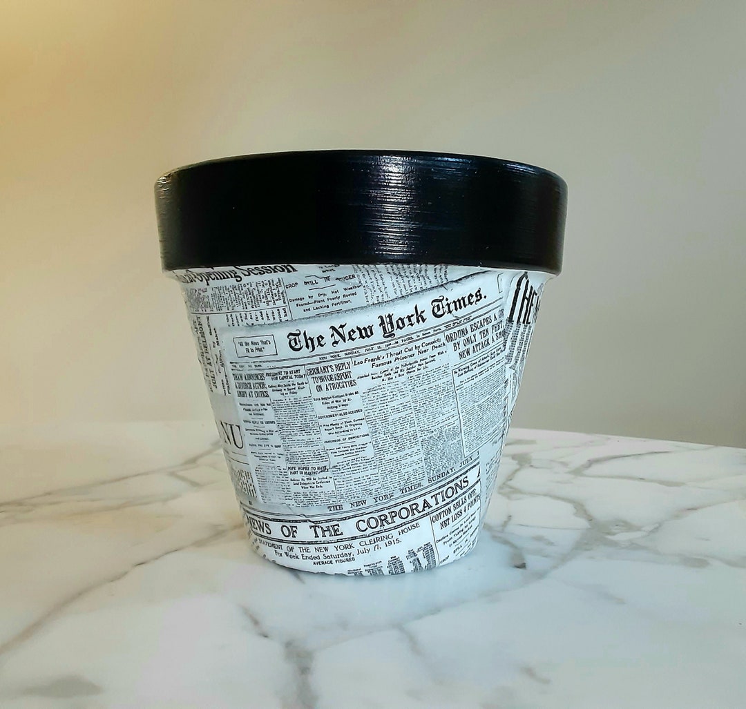 Decoupage Newspaper Flowerpot: Black & White Indoor Planter - Etsy