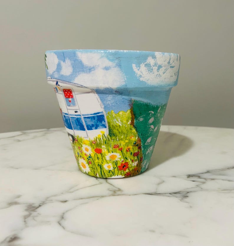 Camper Flower Pot, Decoupage Clay Planter, Camping Gifts, Plant Pots ...