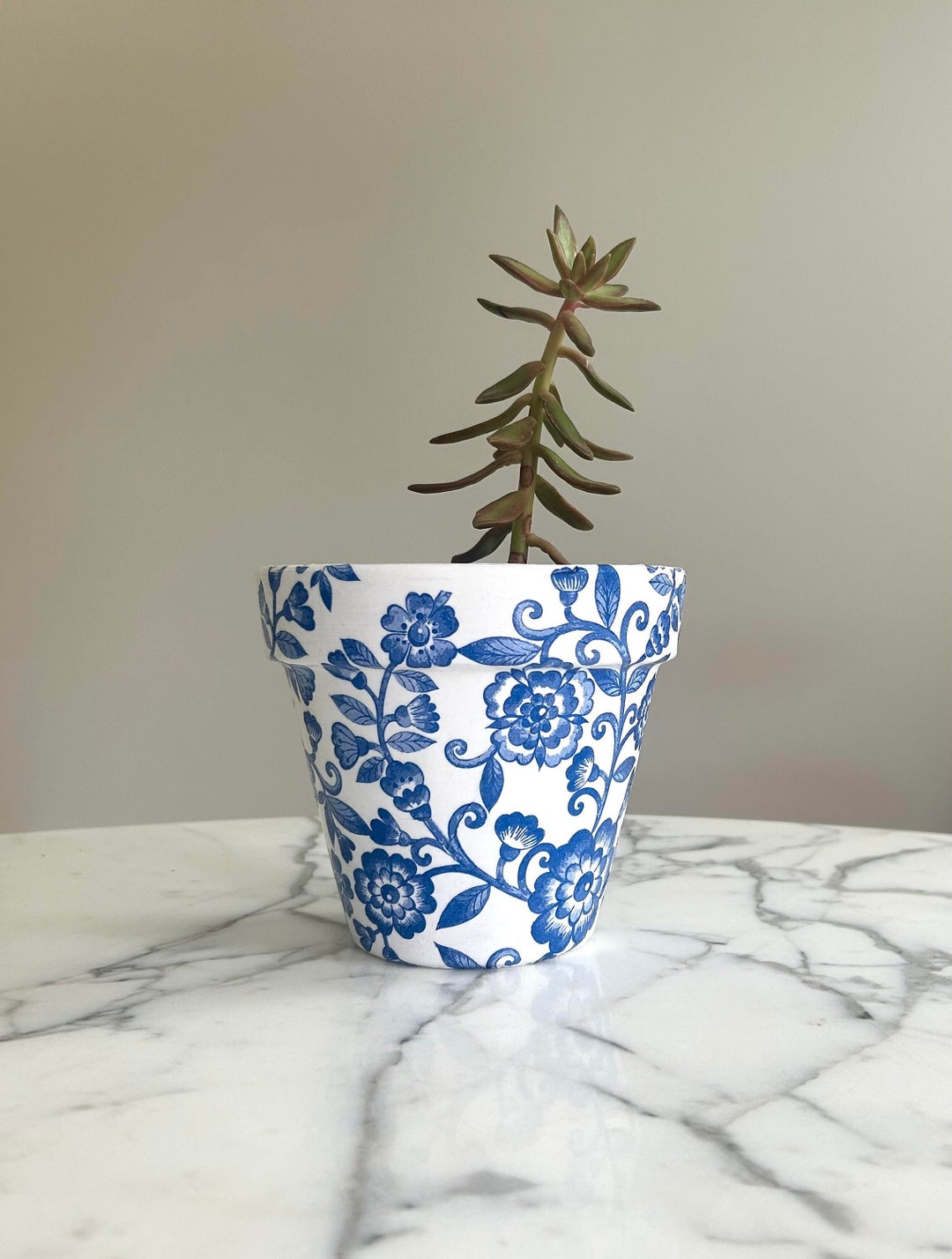 Blue and White Planter, Floral Plant Pot, Decoupage Pots, Blue and ...