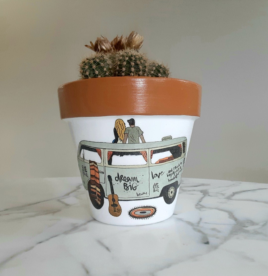 Decoupage Clay Plant Pot: 6-inch Hippie VW Bus Boho Decor - Etsy
