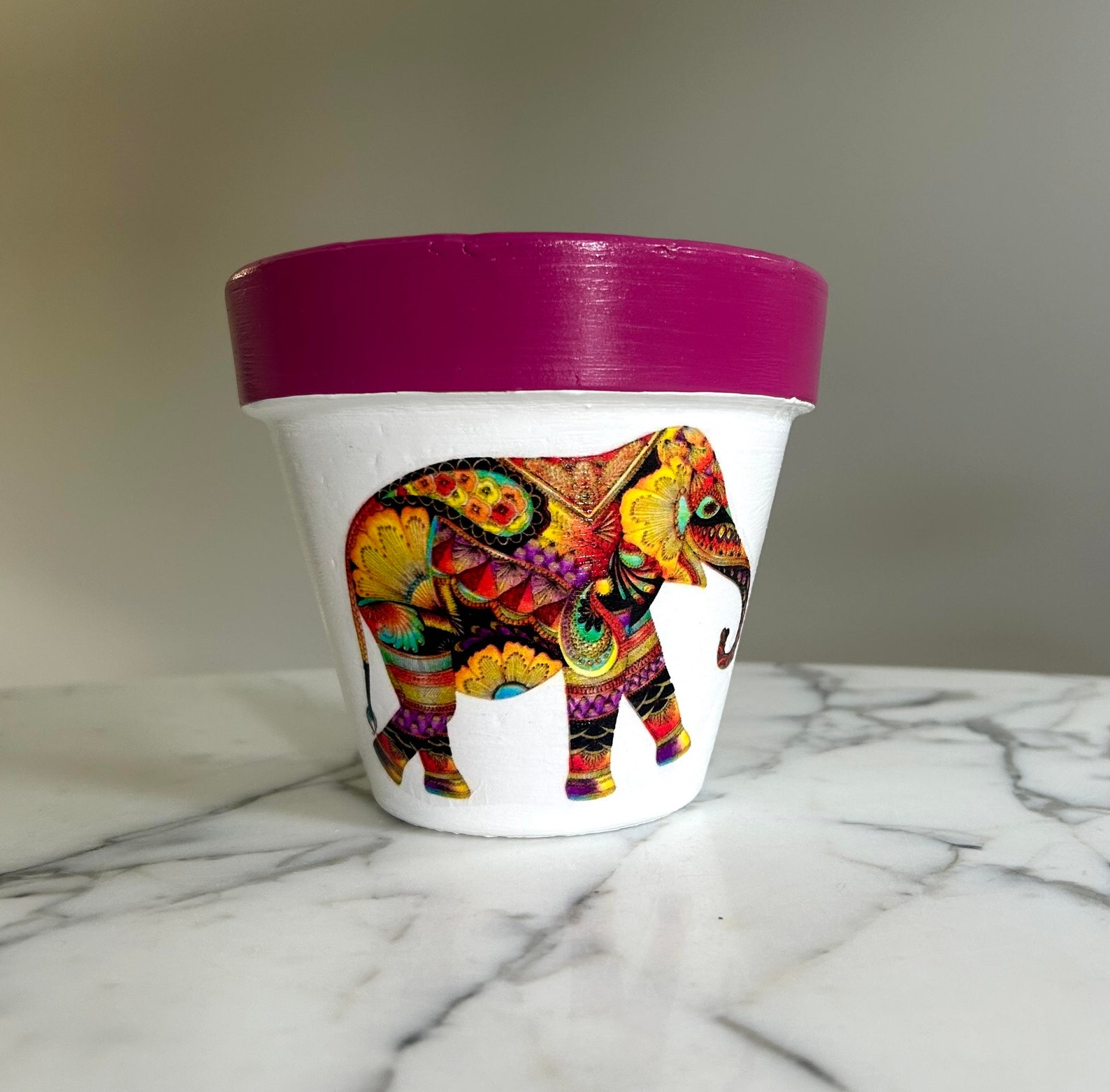 Decoupage Elephant Planter: Hand-painted Clay Pot, 6" - Etsy