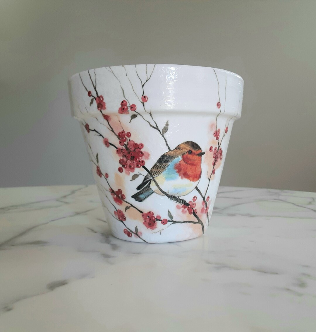 Robin Clay Pot-6", Robin Flowerpot, Robins, Robin Decor, Decoupage Pot ...