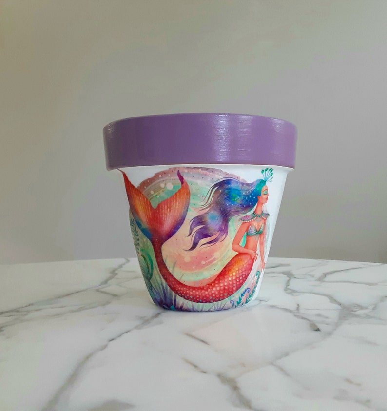Mermaid Plant Pot: 6-inch Decoupage Clay Planter, Whimsical Ocean Decor ...