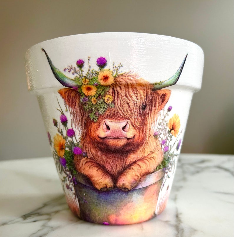 Decoupage Highland Cow Planter, Farmhouse Flower Pot, Cows - Etsy